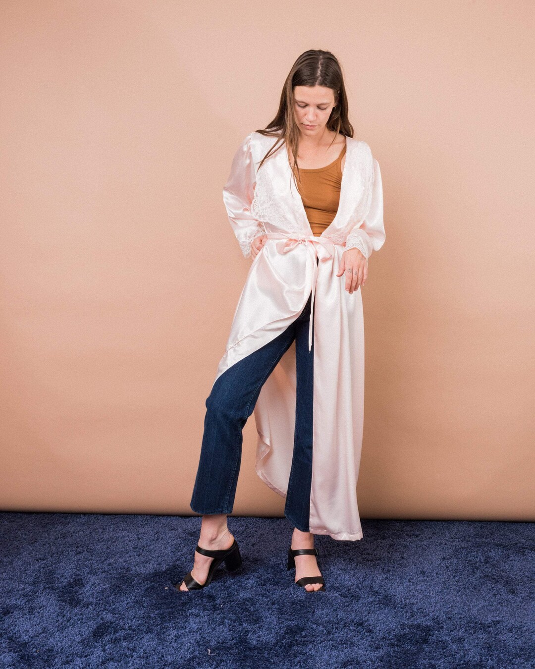 Vintage Baby Pink Satin Duster Long Sleeves, Waist Belt, Lace Cuffs ...