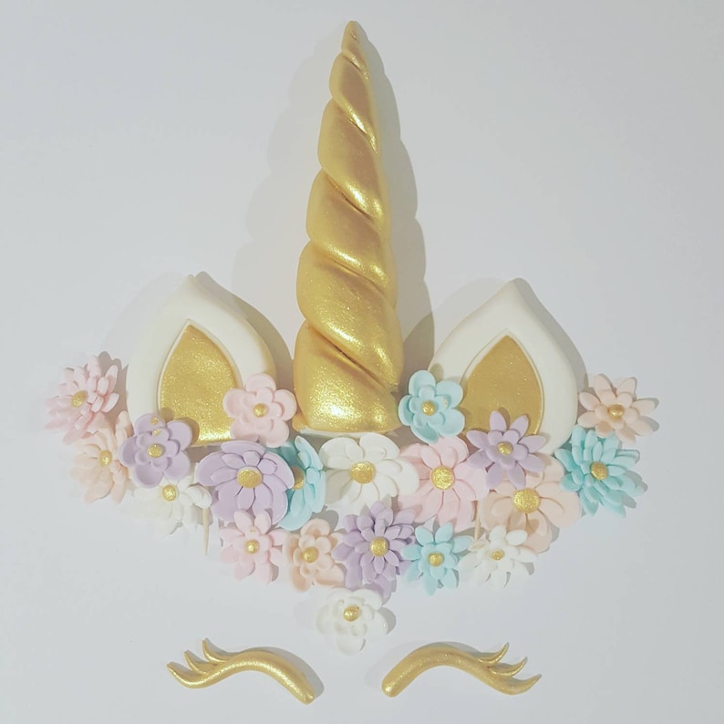 Unicorn Horn Eyes Ears And Flowers Fondant Cake Topper Set Etsy