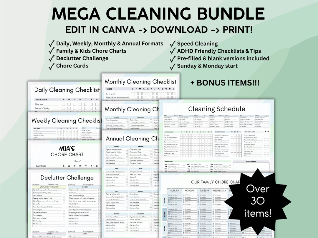 Cleaning Bundle | Cleaning Checklists | ADHD Focus Cleaning | Daily ...