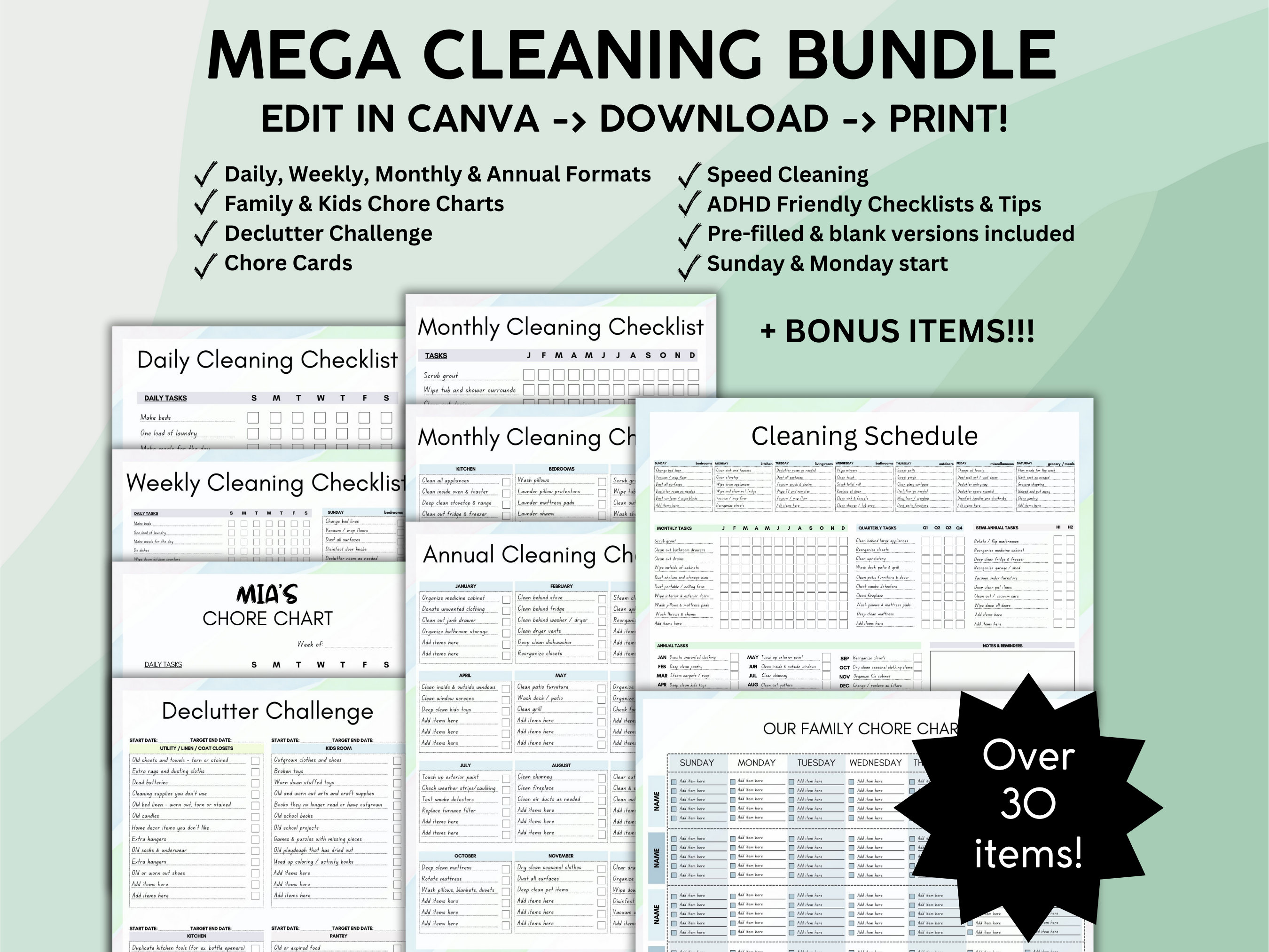 Cleaning Bundle Cleaning Checklists ADHD Focus Cleaning Daily Weekly ...