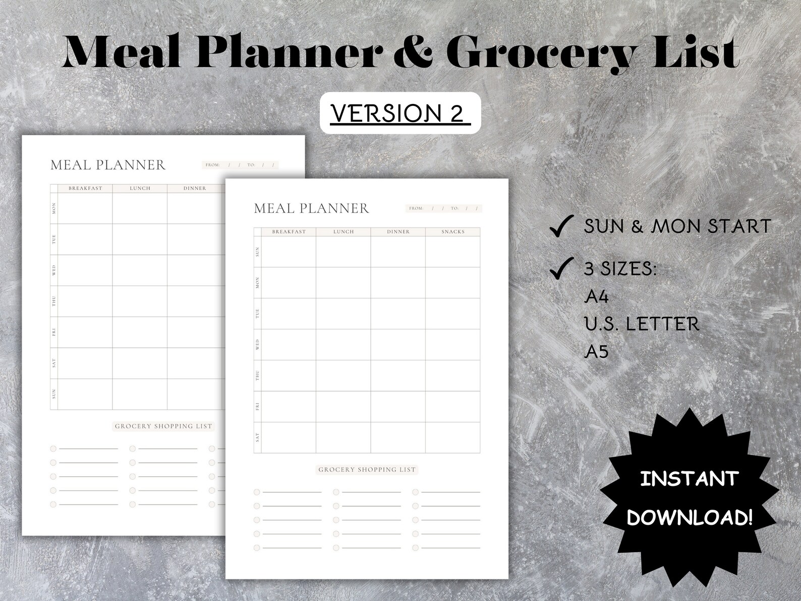 Editable Meal Planner With Grocery List, Printable, Weekly Meal Planner ...
