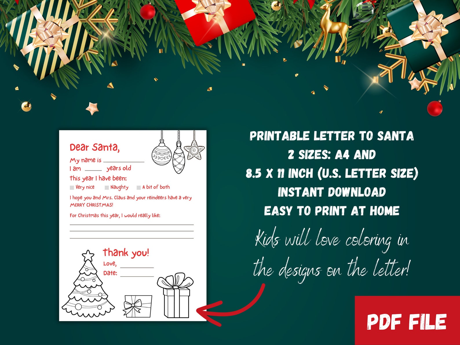 Printable Letter to Santa, Christmas Wish List, Kids Letter to Santa ...