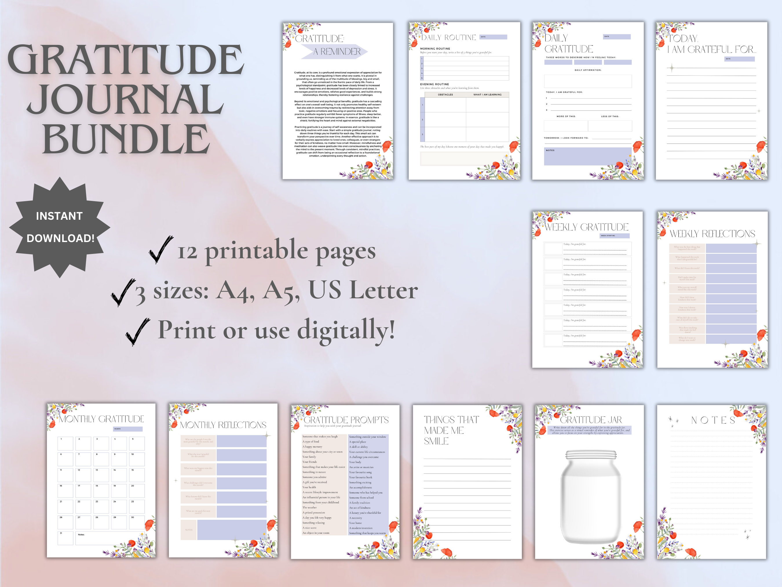 Digital Gratitude Journal, Printable Gratitude Journal Bundle ...