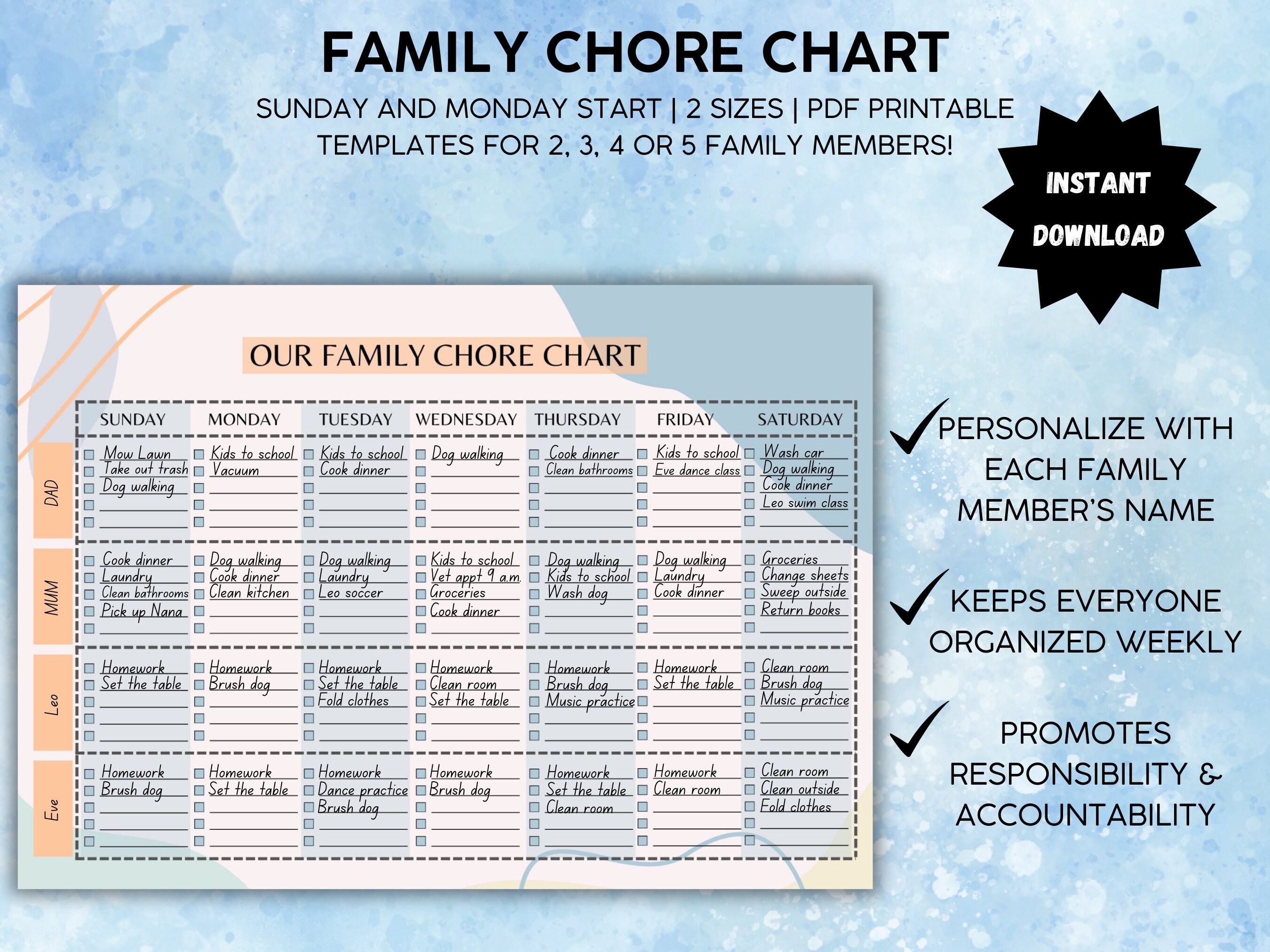 Family Chore Chart Template | Printable Family Planner | Weekly Chore ...