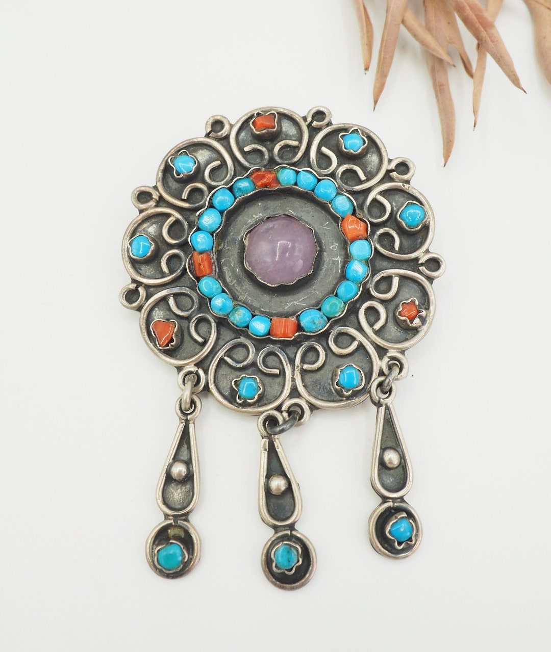 Vintage Matl Style Sterling Silver Brooch: Turquoise, Amethyst, Coral ...