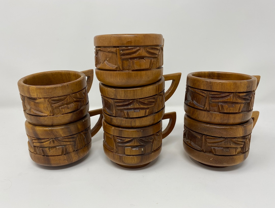 Vintage Wooden Tea Cups Hand Carved Wood Cups Set of 7 Wooden Tea Set ...