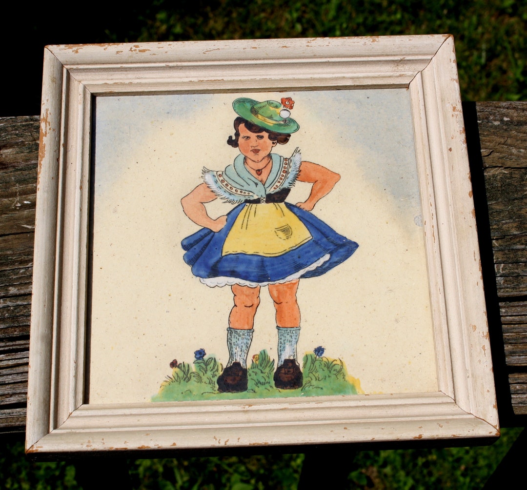 Girl Hand Painted German Tile Ceramic Traditional Dress Framed Vintage ...