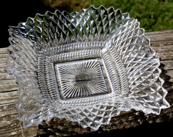 Pressed Glass Bowl Ornate Candy Dish Vintage Fanned Scalloped Edged ...