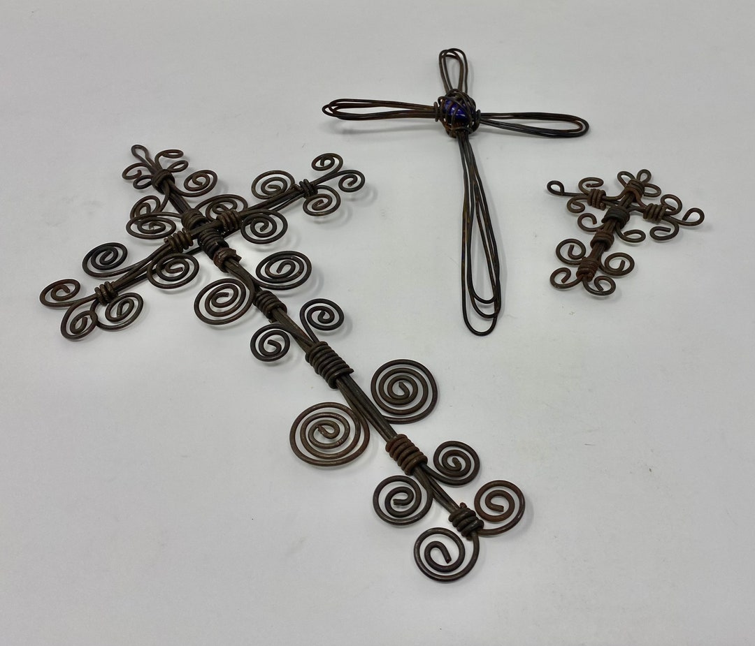Vintage Rod Iron Crosses Collection of 3 Wire Wrapped Cross Religious ...