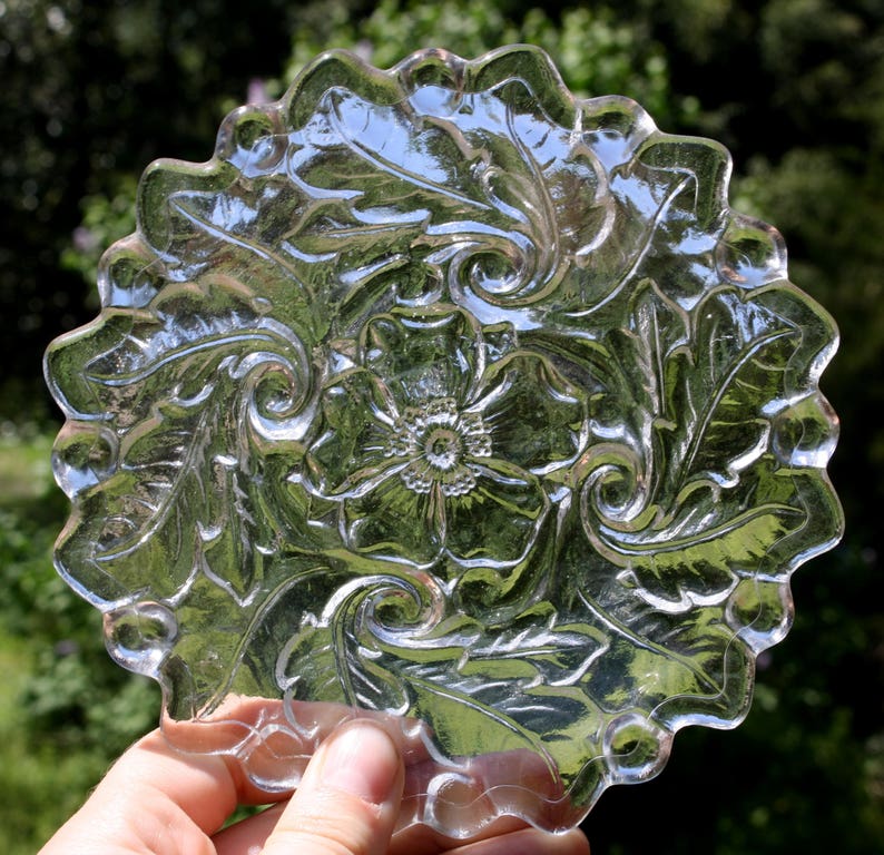 Pressed Glass Flower Bowl Leaf Botanical Clear Glass Rose Ornate ...