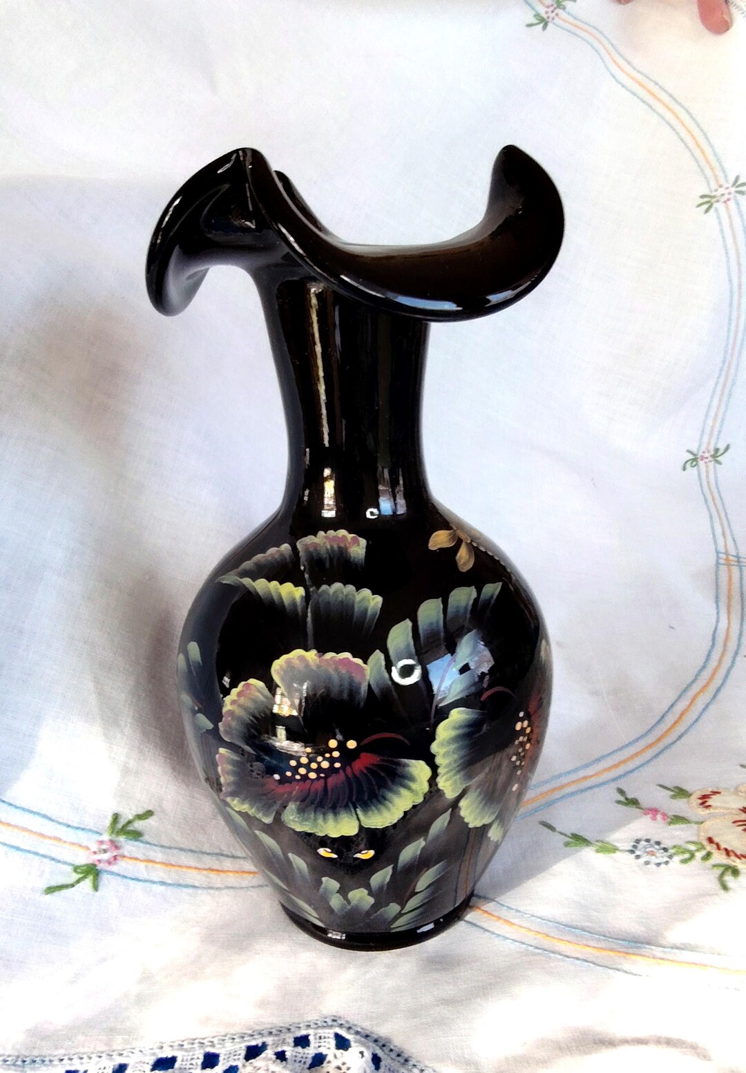 Fenton Safari Collection Black Vase With Exotic Flowers and Leaves - Etsy