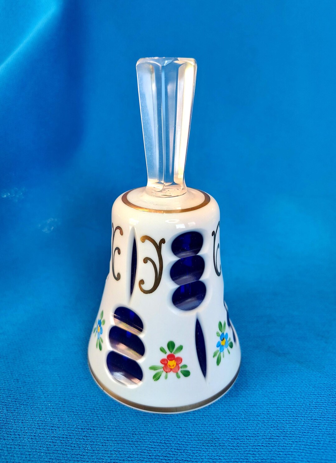 Cased Glass Bohemian Bell, White Cut to Blue - Etsy