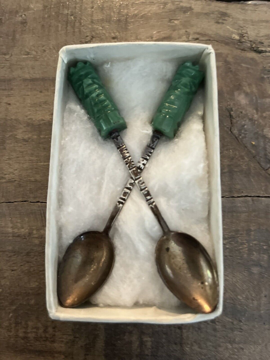 Vintage Mexican Silver Olmec/aztec Jade Demitasse Souvinier Spoons Pair ...