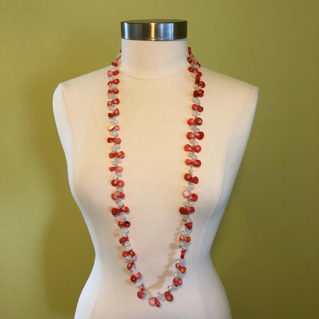 Long Teardrop Shaped Coral and Crystal Beaded Layering Necklace, 42" L ...