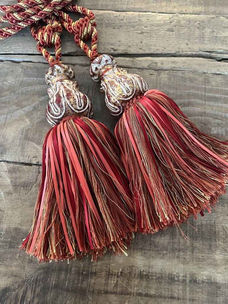 XL Italian Drapery Curtain Tassel Tiebacks Pair Decorator Coral Red ...