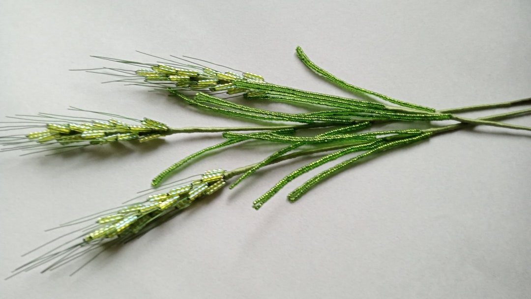 Handmade Beaded Green Barley Stems,set of 3, Artificial Greenery, Green ...