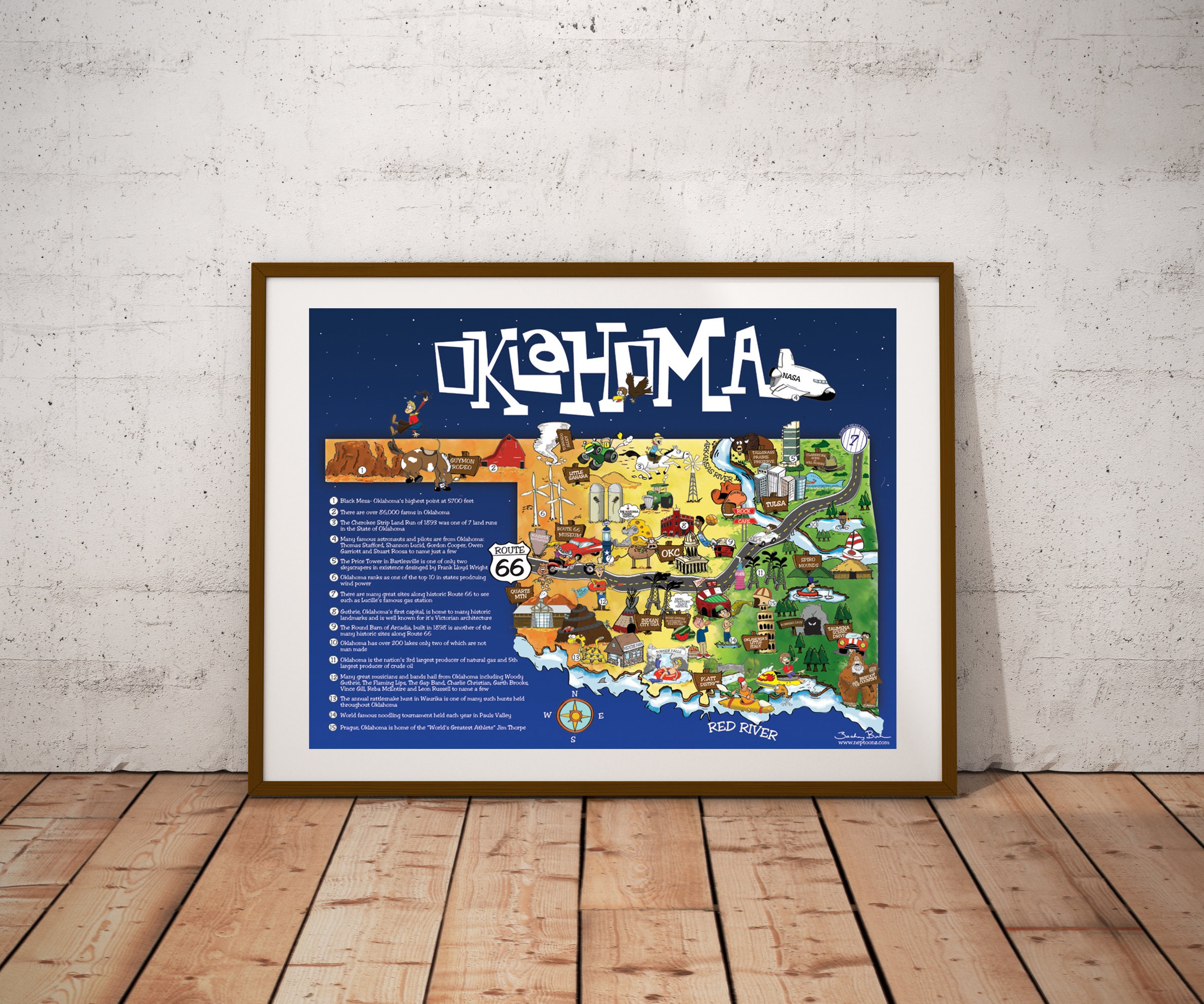Oklahoma Illustrated Cartoon Map Poster | State Travel Art | Route 66 ...