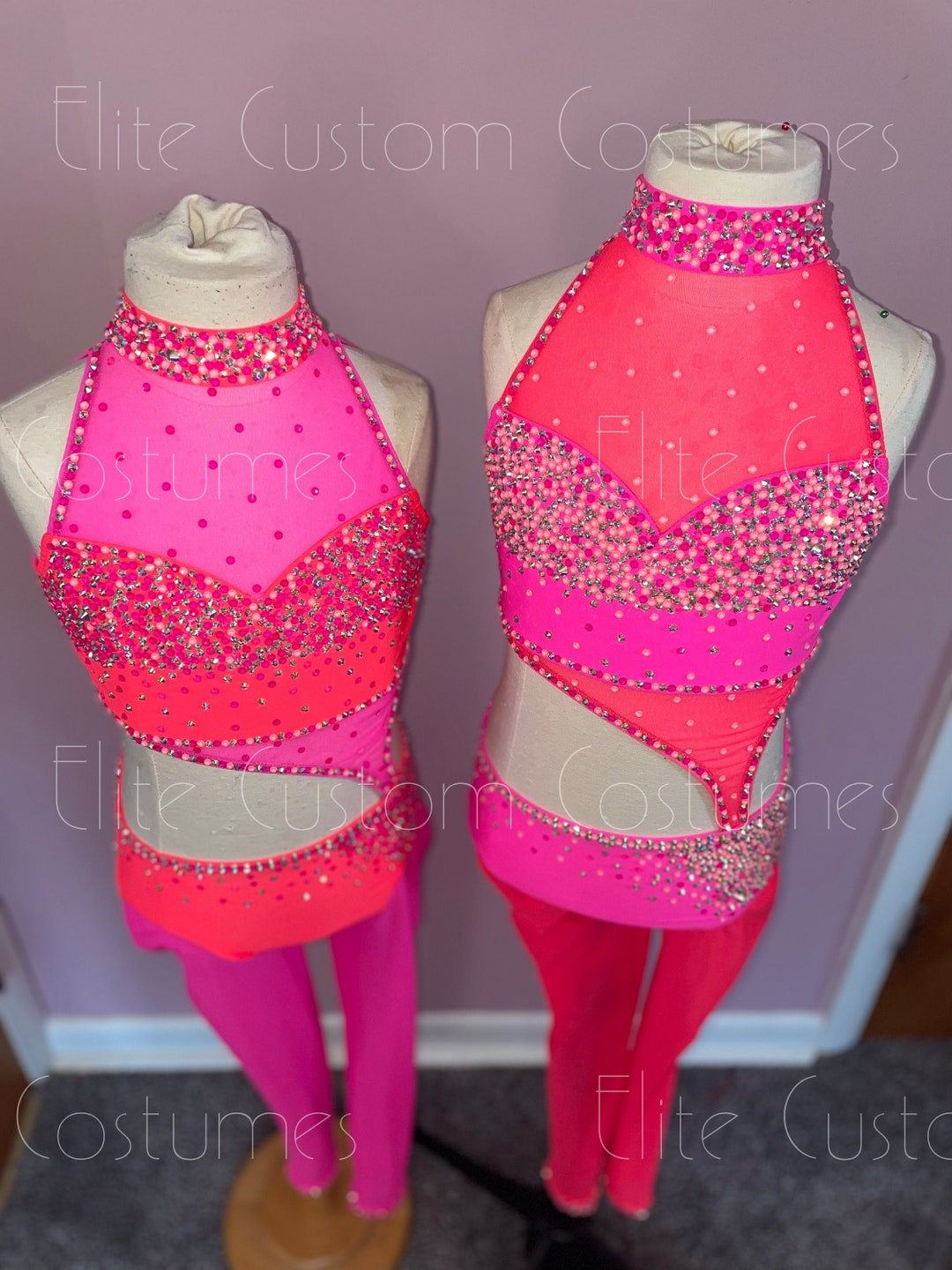 Custom Dance Costume Solo Duo Trio Hot Pink Coral Sassy Jazz Unitards ...
