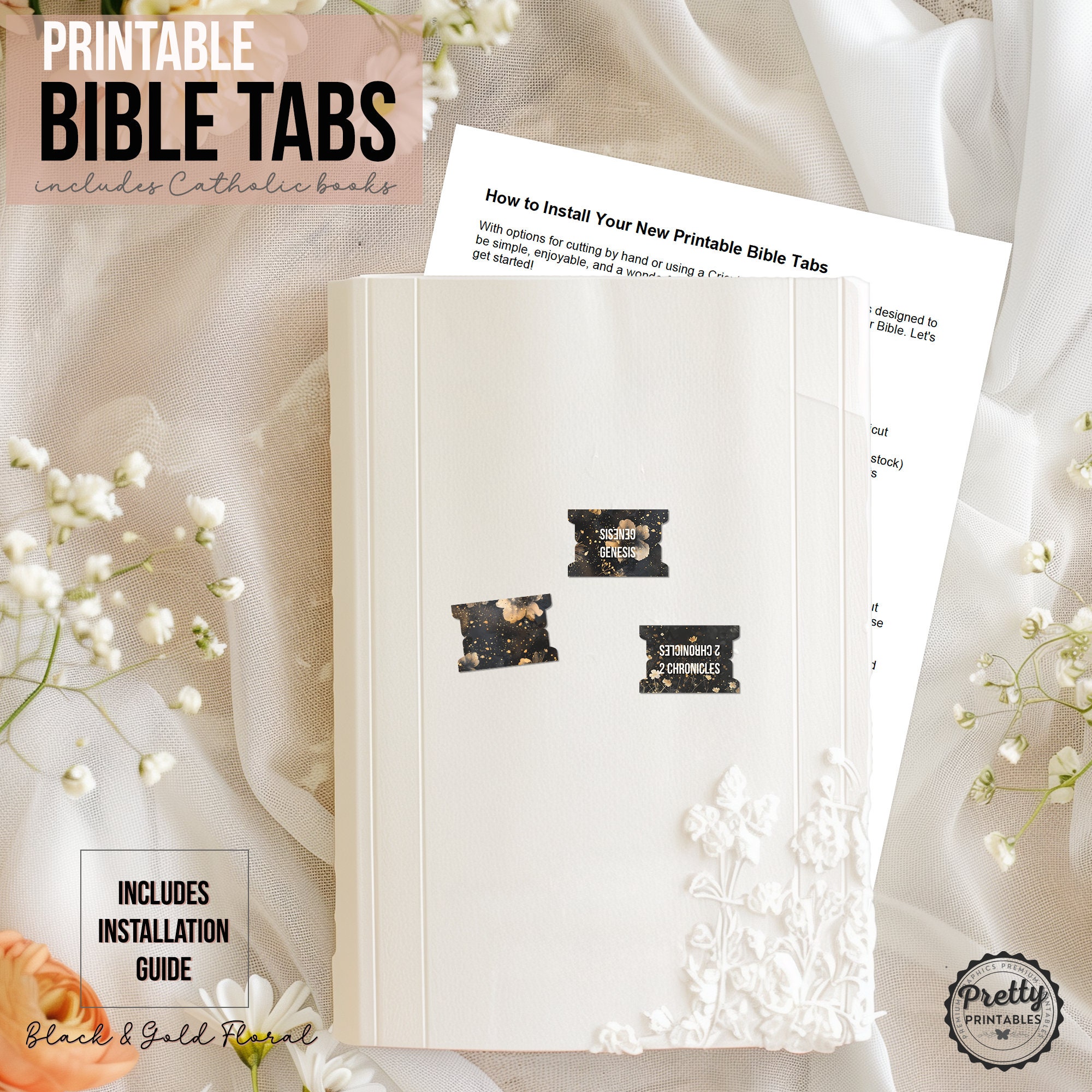 Printable Bible Tabs for Women: Black & Gold Floral Bible Journaling ...