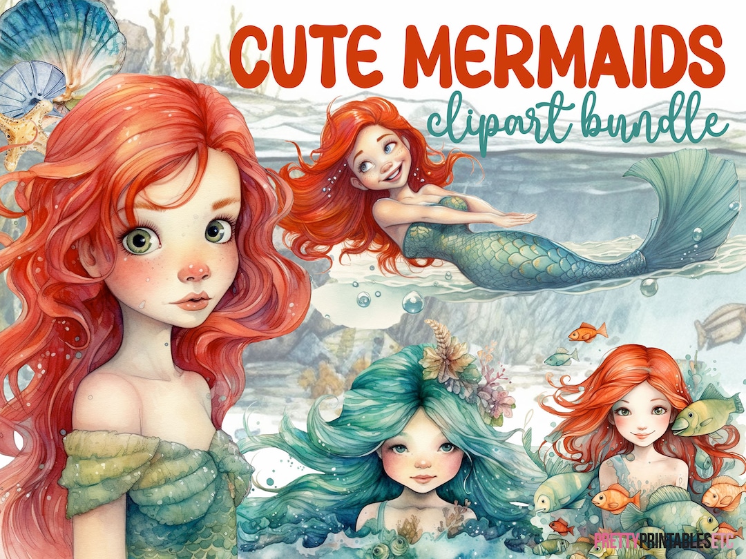 Watercolor Mermaid Clipart Bundle: Adorable Little Mermaids & Under the ...