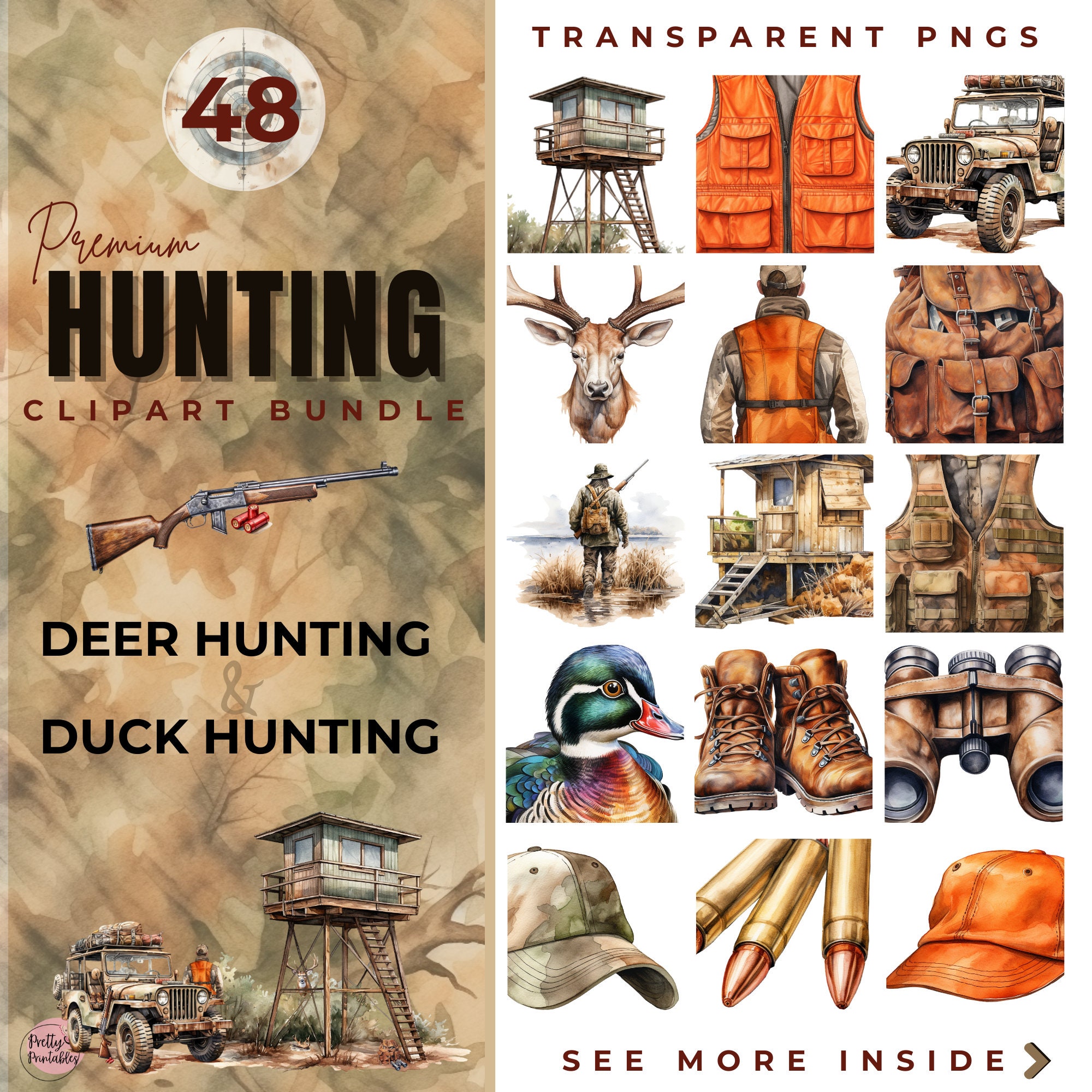 Hunting PNG Clipart Bundle: Watercolor Duck Hunting & Deer Hunting Pngs ...