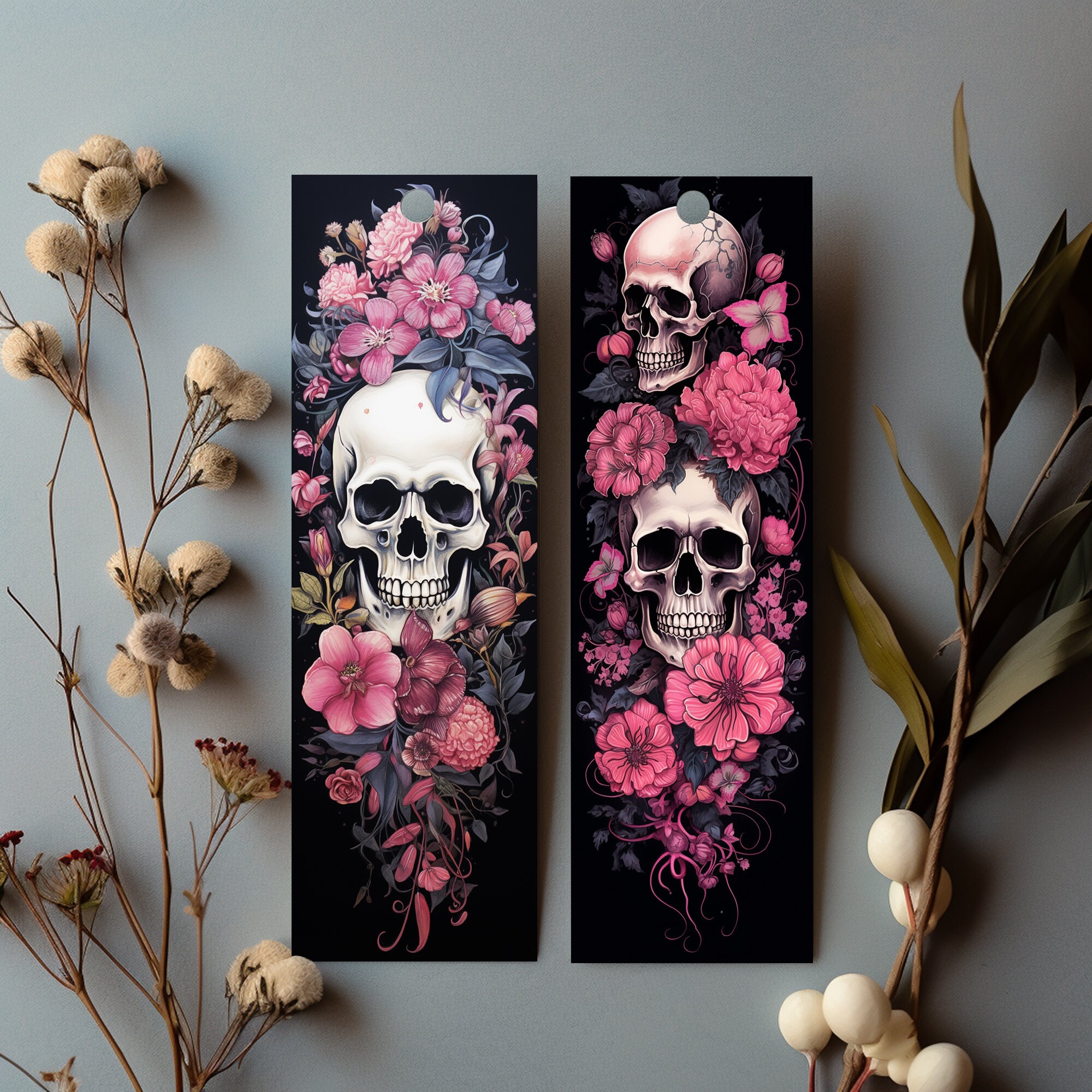 Pink Floral Skulls Printable Bookmarks Set: Digital PDF, 4 Bookmark ...