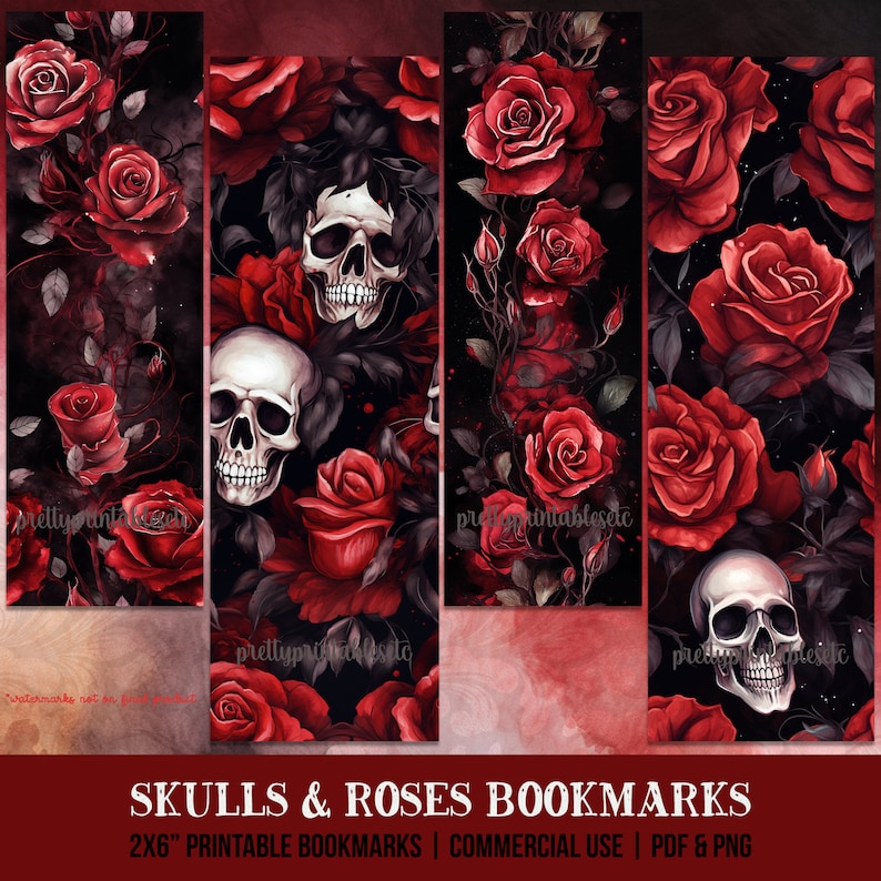 Skull Printable Bookmarks Set: Digital PDF, Skull & Roses 4 Bookmark ...