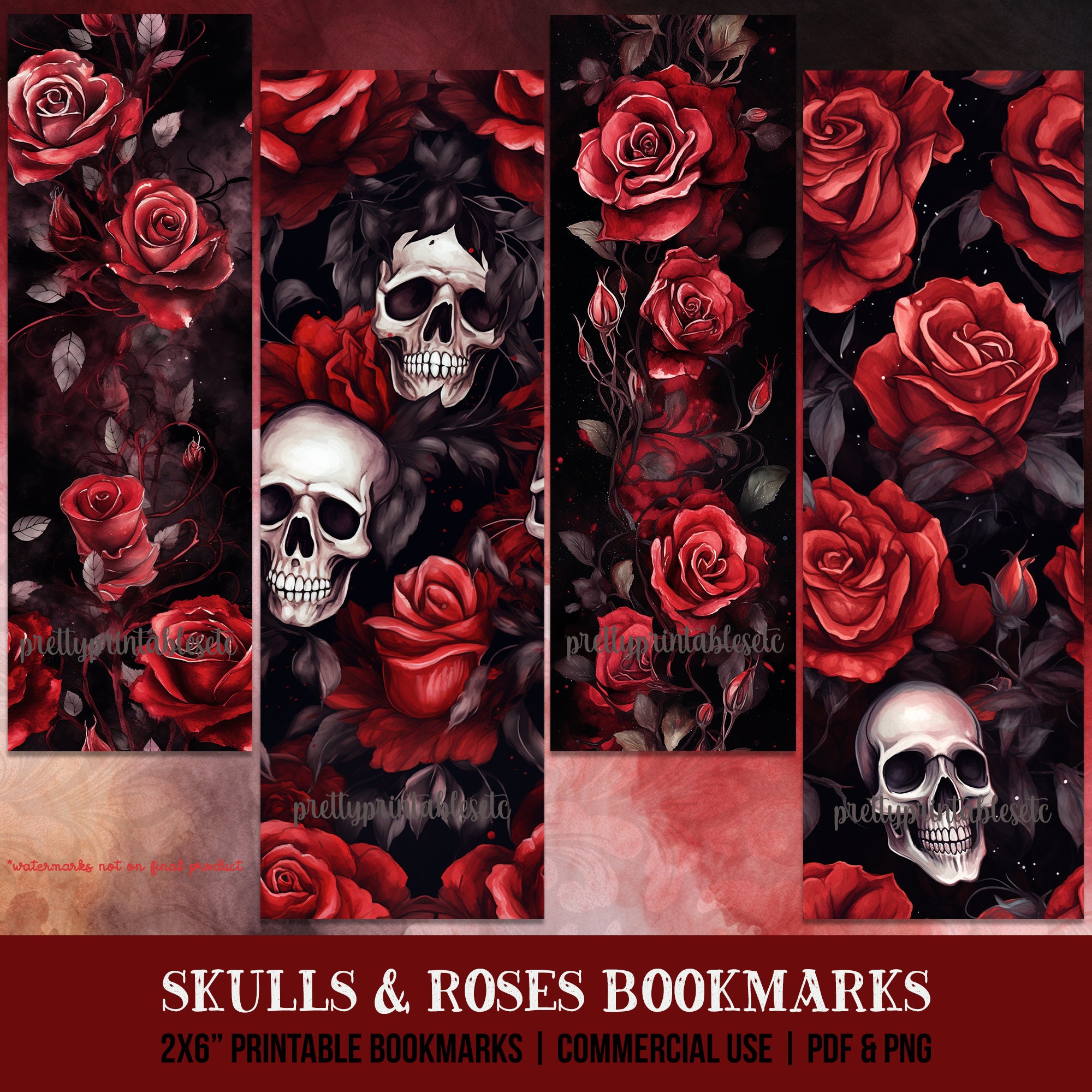 Skull Printable Bookmarks Set: Digital PDF, Skull & Roses 4 Bookmark ...