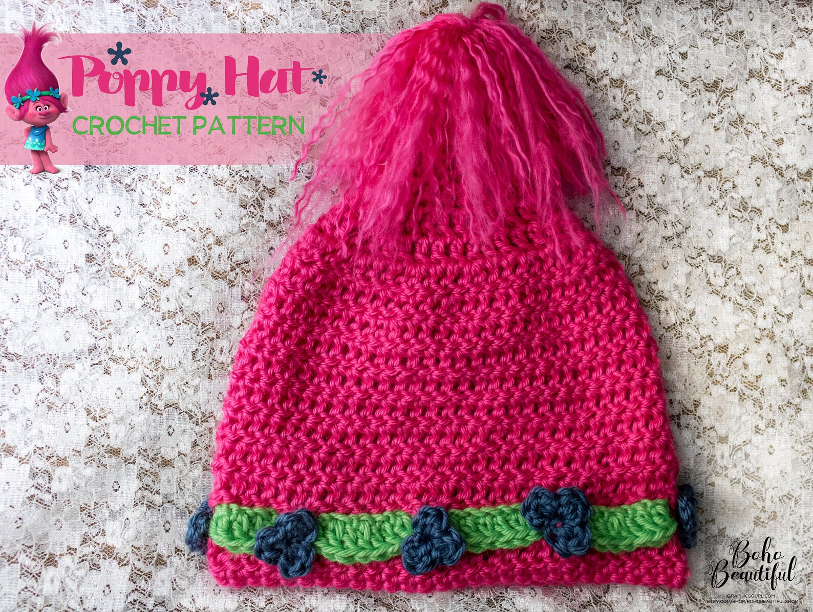 Poppy Hat Crochet Pattern, Trolls Crochet Pattern, Pink Troll Hat, Girl ...