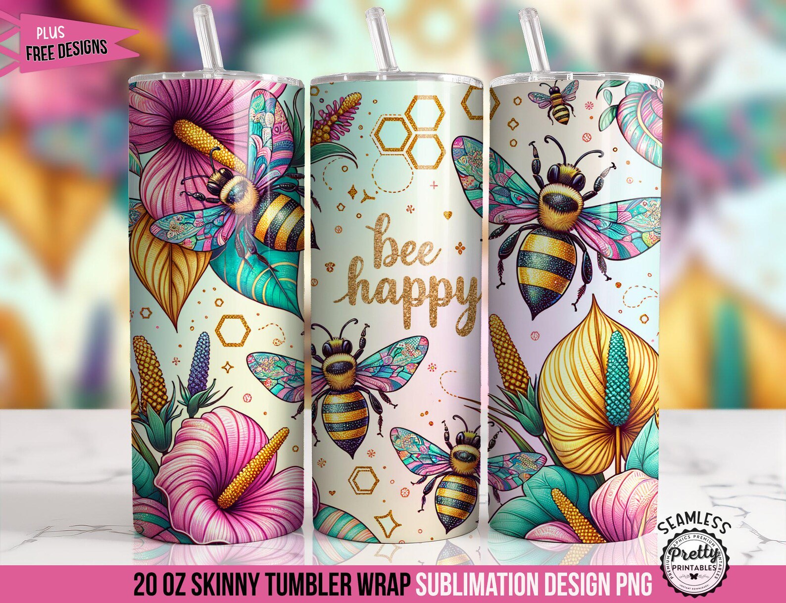 Bee Tumbler PNG Wrap: Bee Happy 20 Oz Sublimation Design, Glitter ...