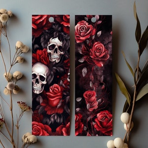 Skull Printable Bookmarks Set: Digital PDF, Skull & Roses 4 Bookmark ...