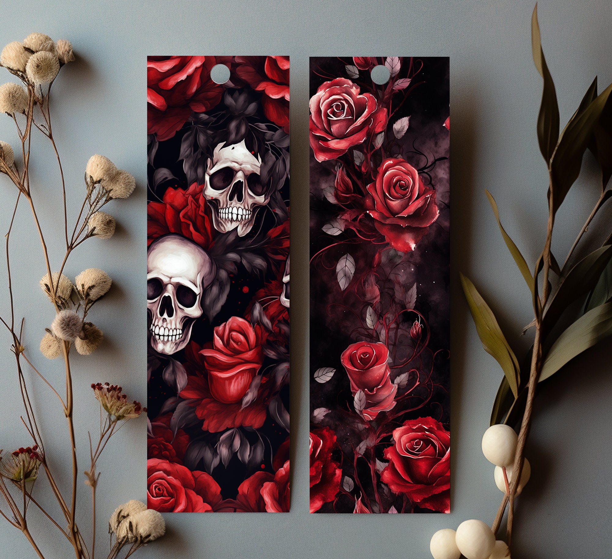 Skull Printable Bookmarks Set: Digital PDF, Skull & Roses 4 Bookmark ...