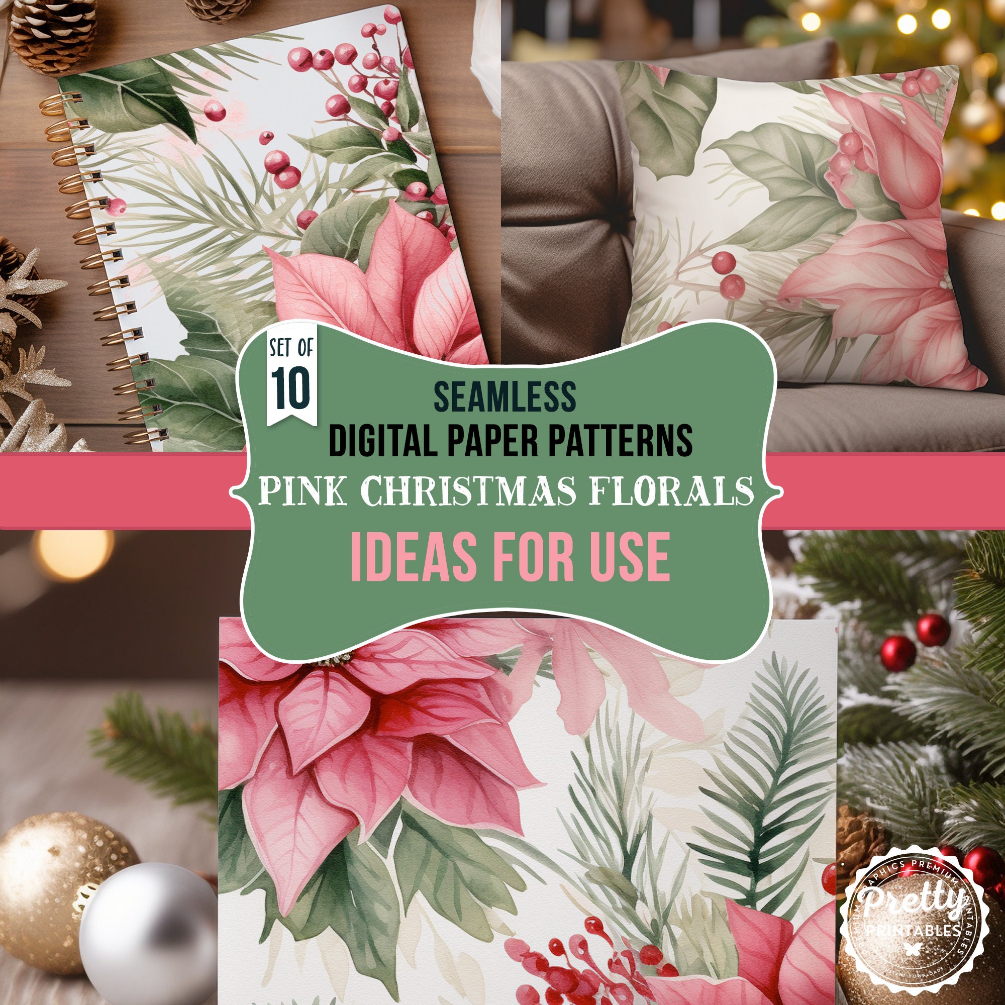 Seamless Digital Paper Pack: Pink Christmas Florals Winter - Etsy