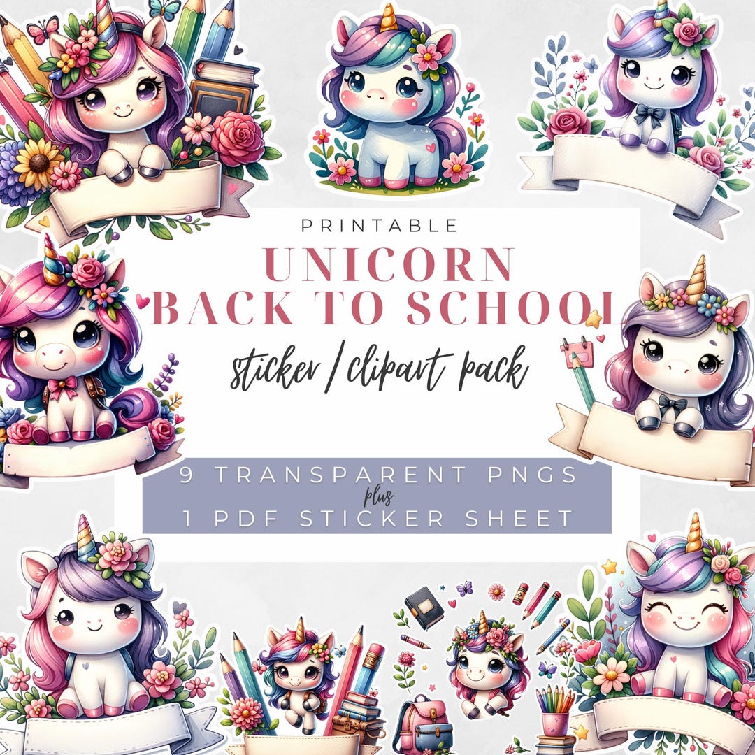 Unicorn Clipart: Printable Student Stickers, Unicorn PNG, Girls School ...