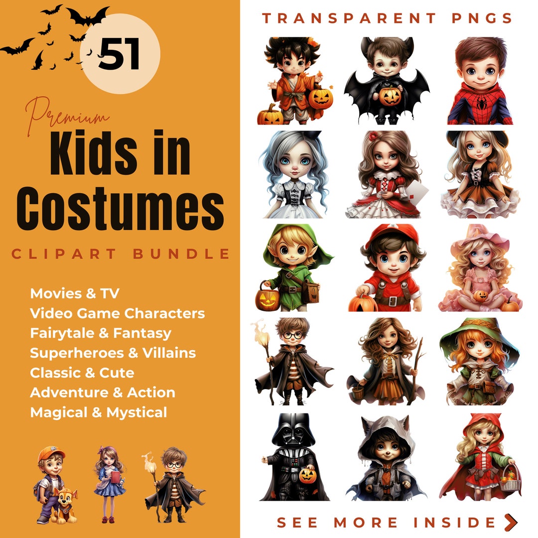 Popular Characters Clipart Bundle: Transparent Pngs, Kids in Costumes ...
