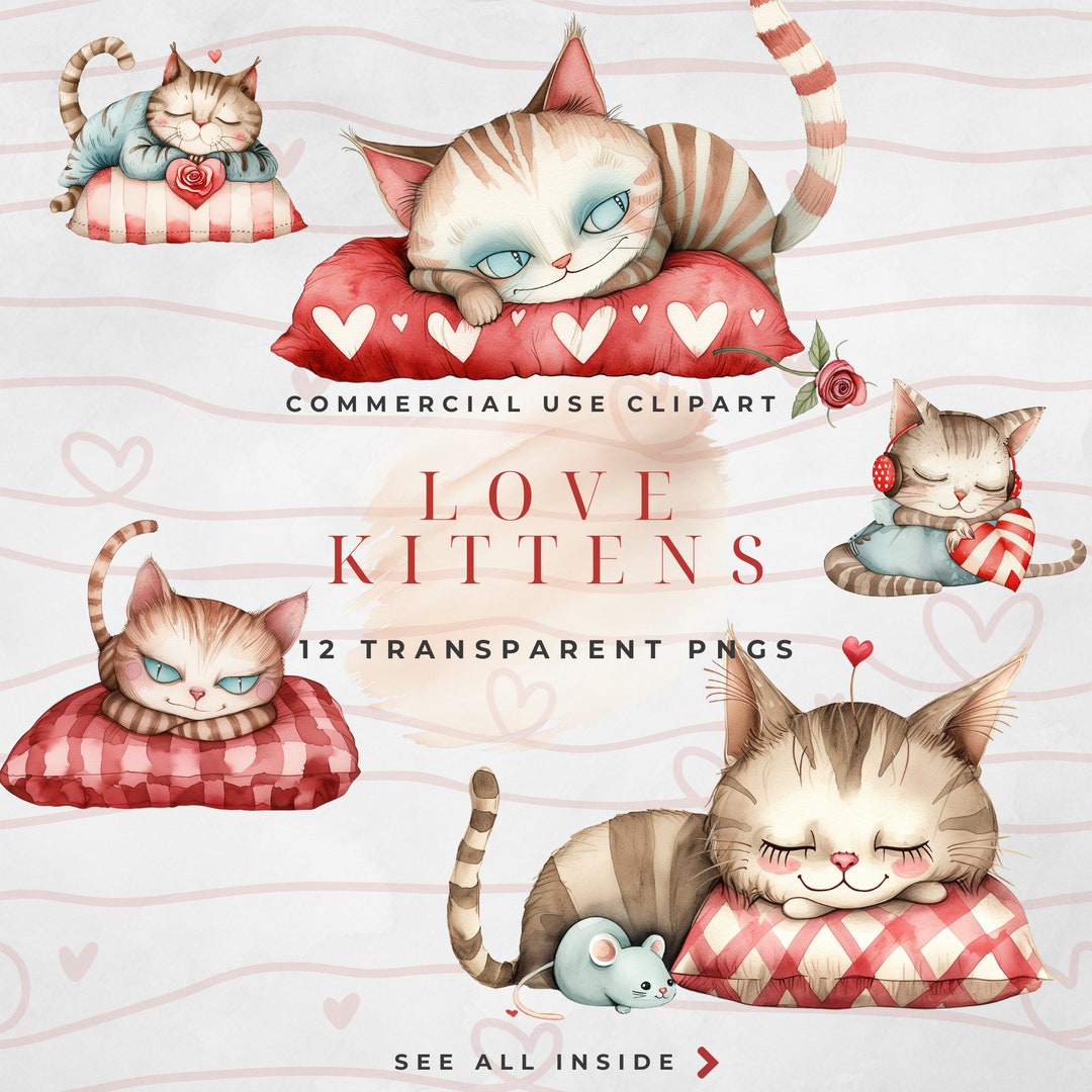 Love Kittens Clipart Bundle: 12 Adorable Watercolor Cats PNG Perfect ...