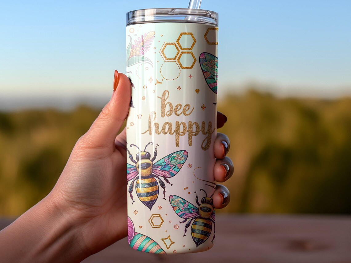 Bee Tumbler PNG Wrap: Bee Happy 20 Oz Sublimation Design, Glitter ...