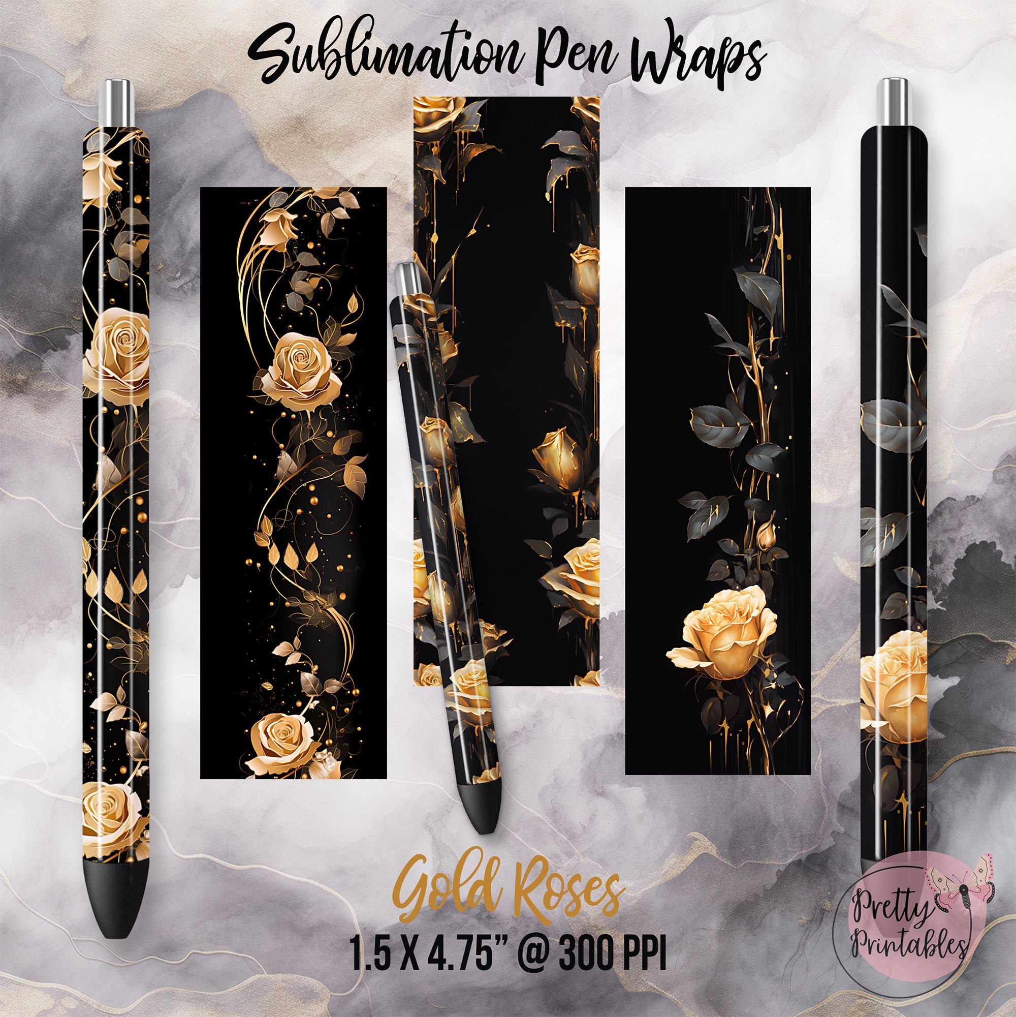 Gold Roses Pen Wraps: Pen Wrap Bundle, Waterslide Pen Wrap, Sublimation ...