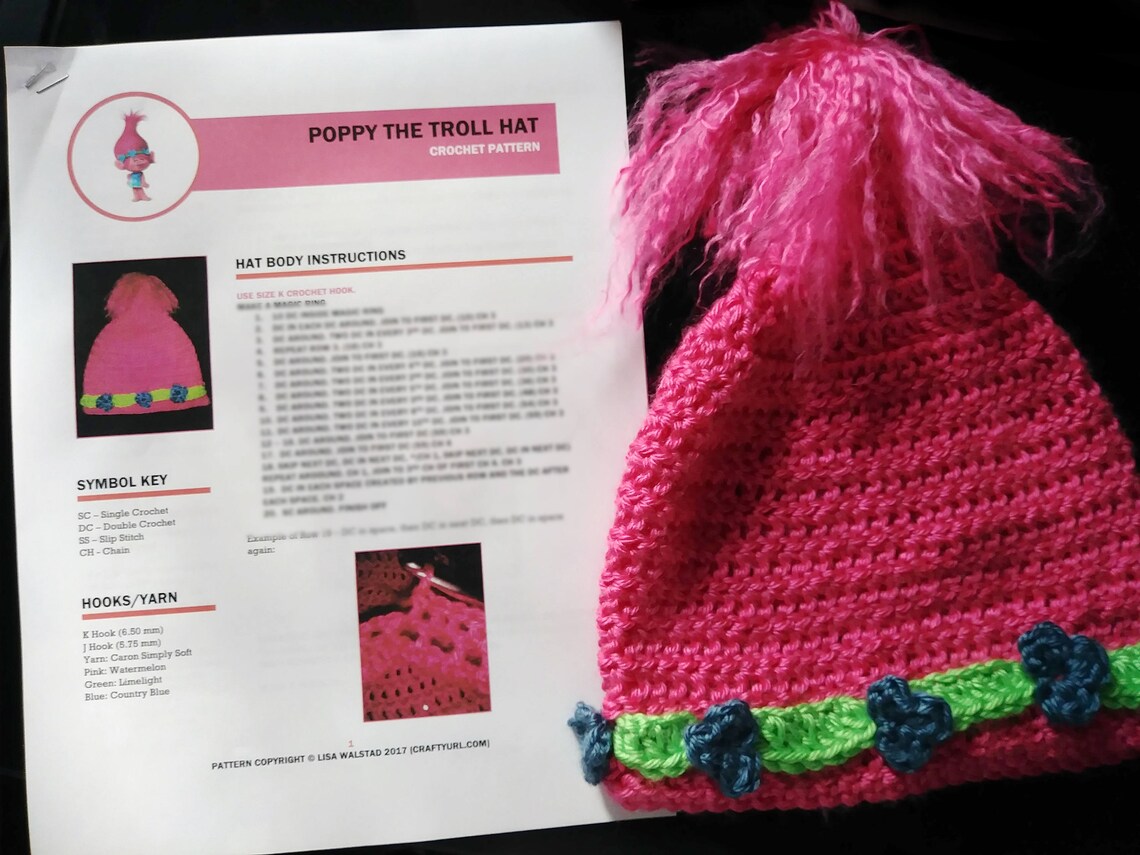 Poppy Hat Crochet Pattern, Trolls Crochet Pattern, Pink Troll Hat, Girl ...