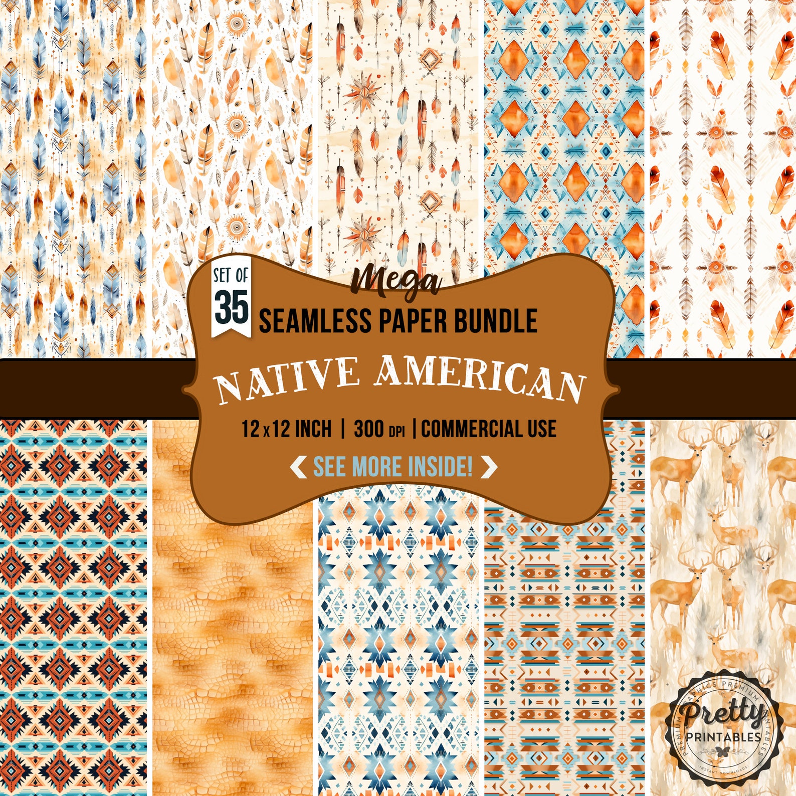 Native American Paper Pack: 35 Seamless Printable Papers, Watercolor ...