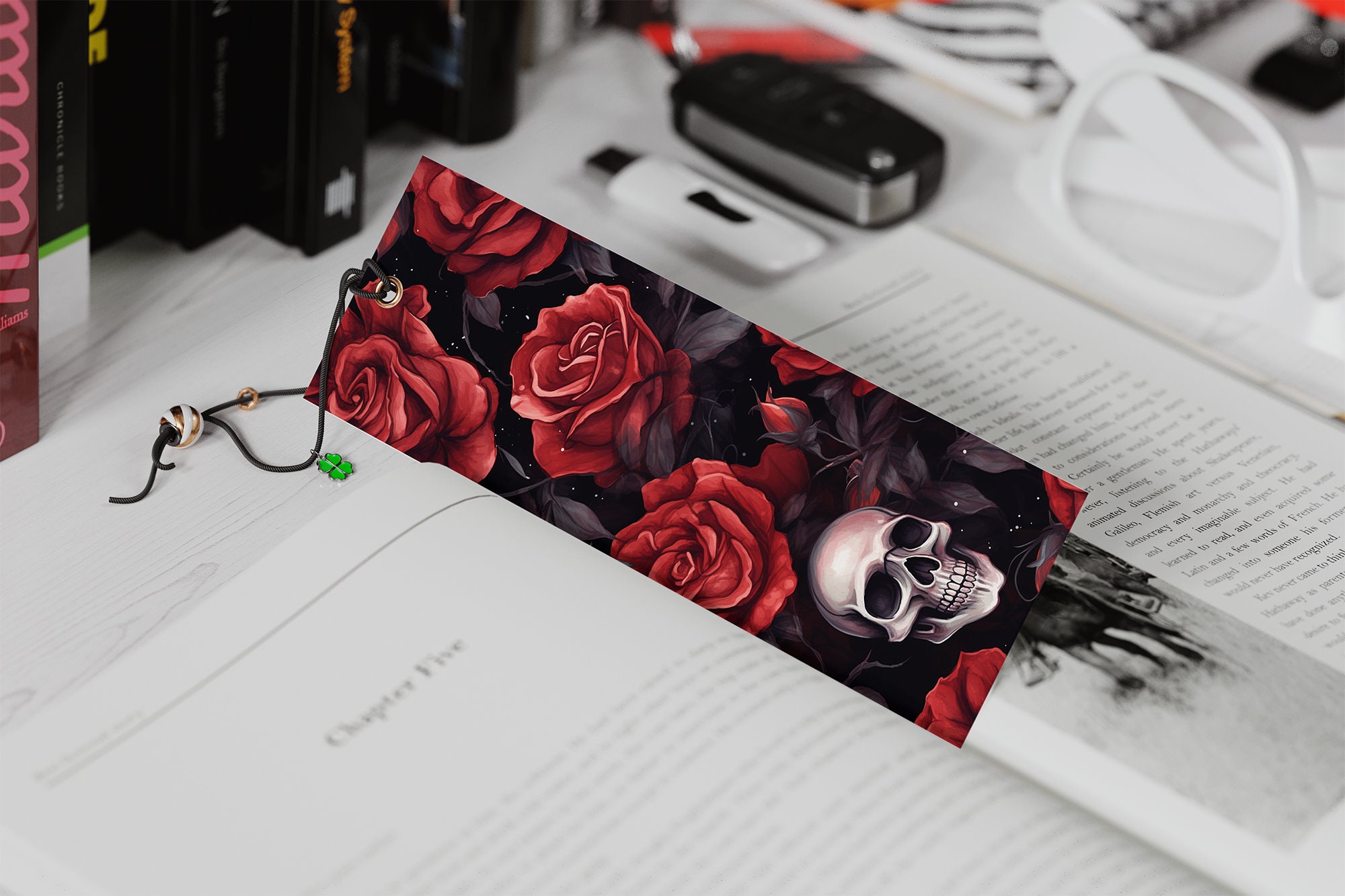 Skull Printable Bookmarks Set: Digital PDF, Skull & Roses 4 Bookmark ...