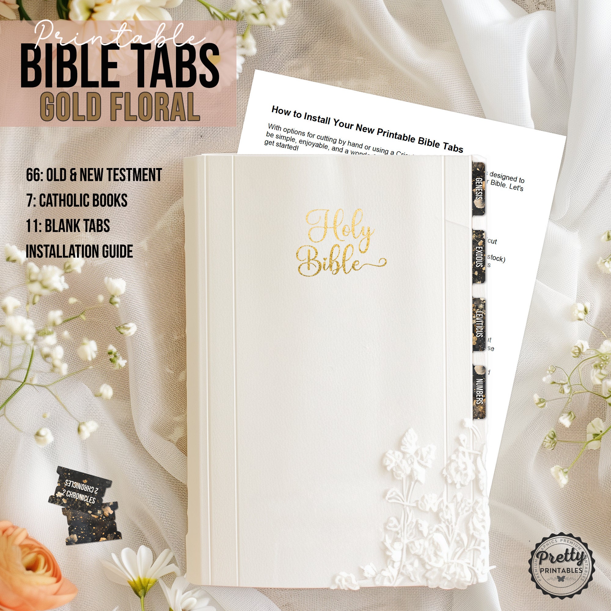 Printable Bible Tabs for Women: Black & Gold Floral Bible Journaling ...