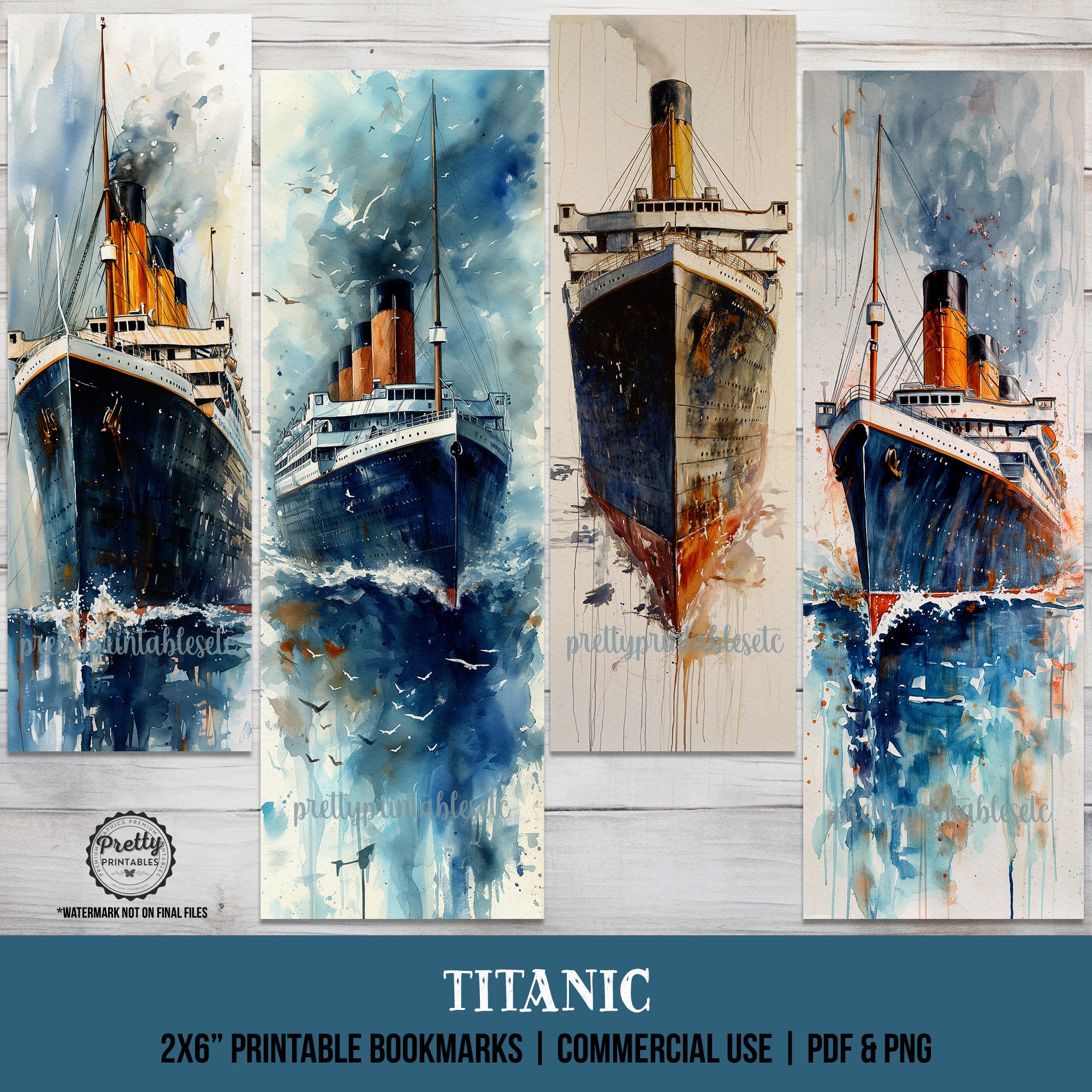 Titanic Printable Bookmarks Set: Digital PDF, Bookish Watercolor ...