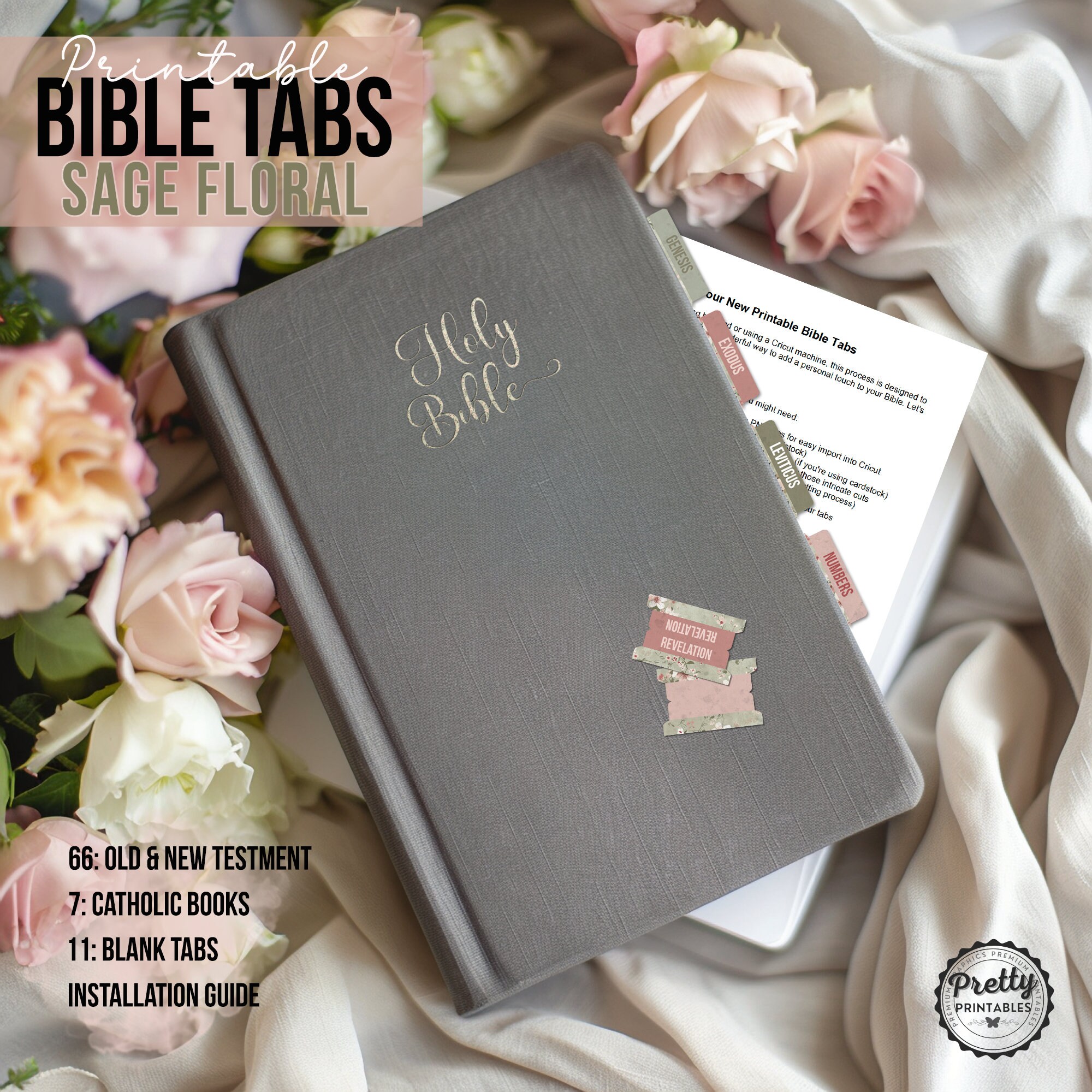 Bible Tabs: Printable Sage Floral Bible Tabs for Women, Journaling Tabs ...