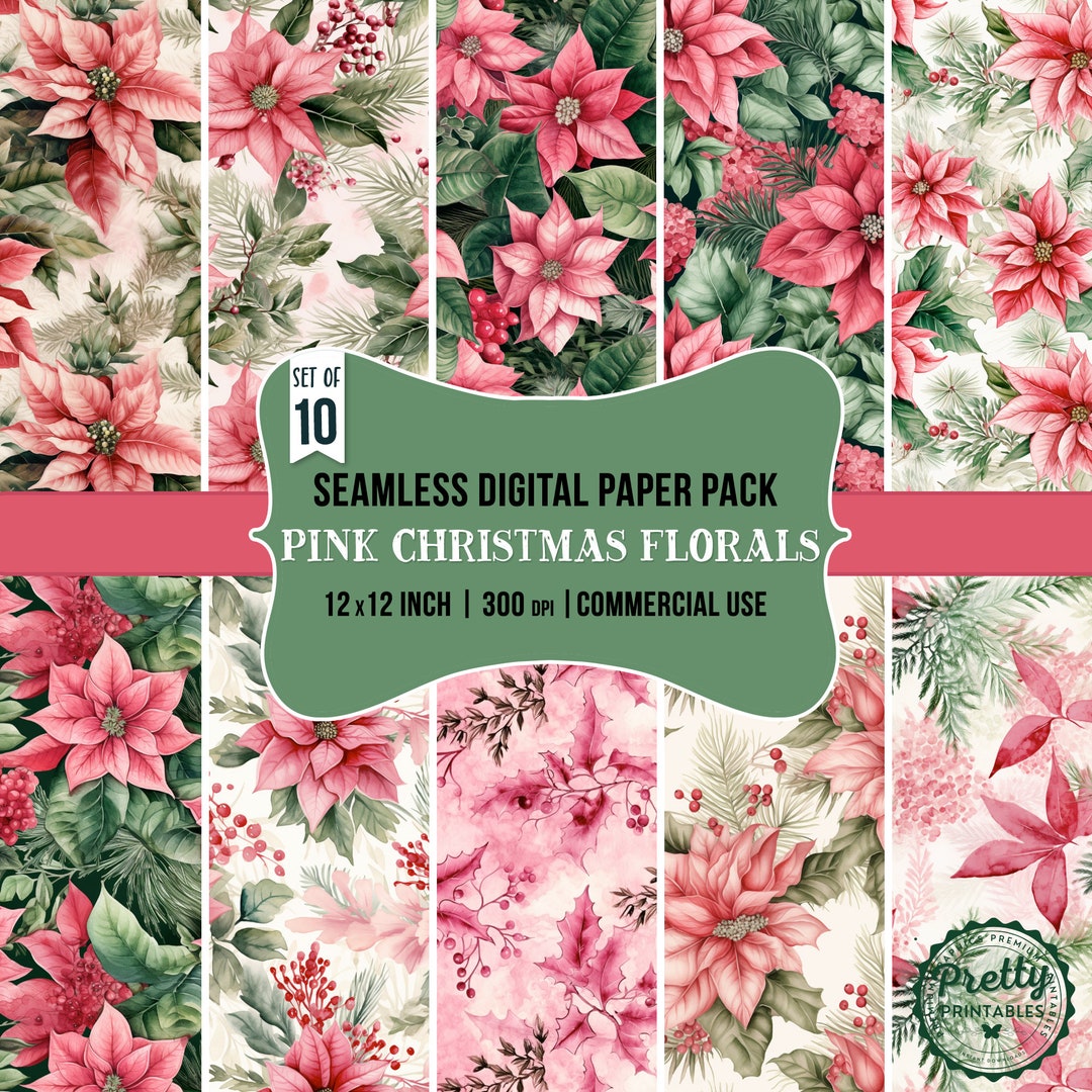 Seamless Digital Paper Pack: Pink Christmas Florals, Winter Holiday ...