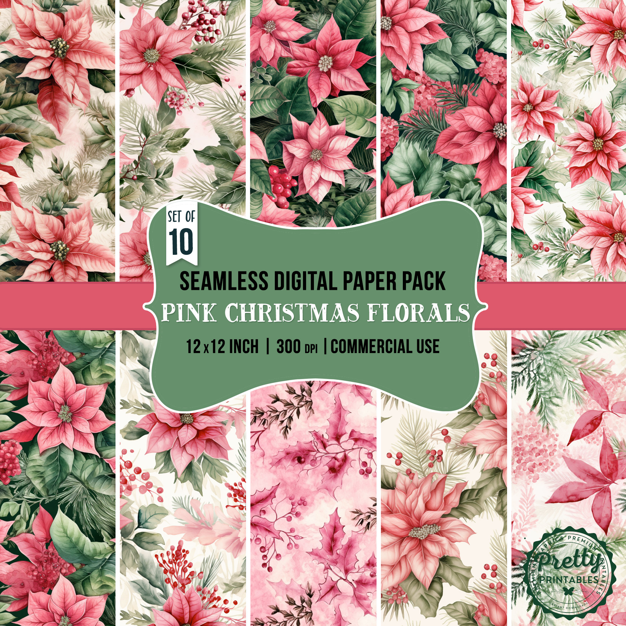 Seamless Digital Paper Pack: Pink Christmas Florals Winter - Etsy