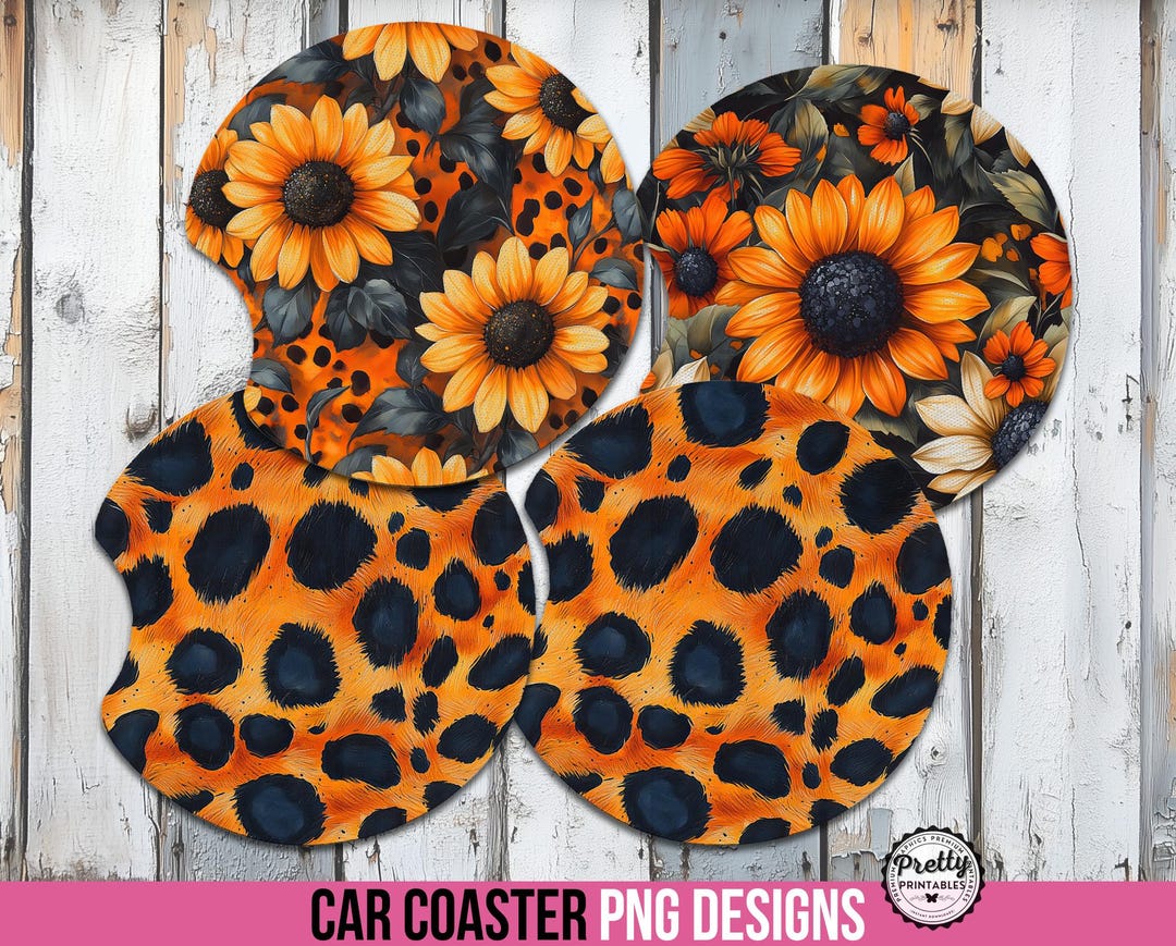 Sunflower & Leopard Print Car Coaster PNG: Sublimation Bundle, Round 4 ...