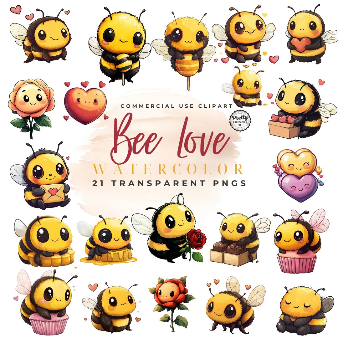 Cute Bee PNG Clipart Bundle: Honey Bee Valentine, Kawaii Bee, Hearts ...