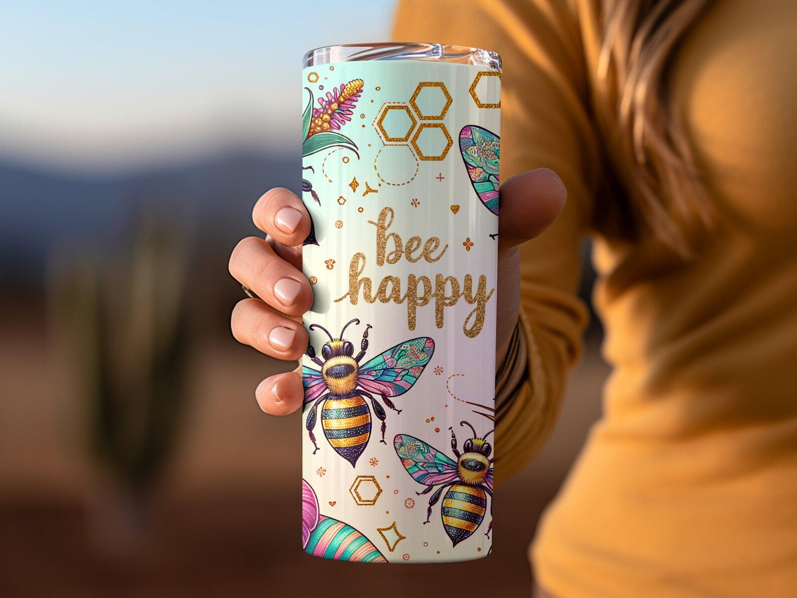 Bee Tumbler PNG Wrap: Bee Happy 20 Oz Sublimation Design, Glitter ...