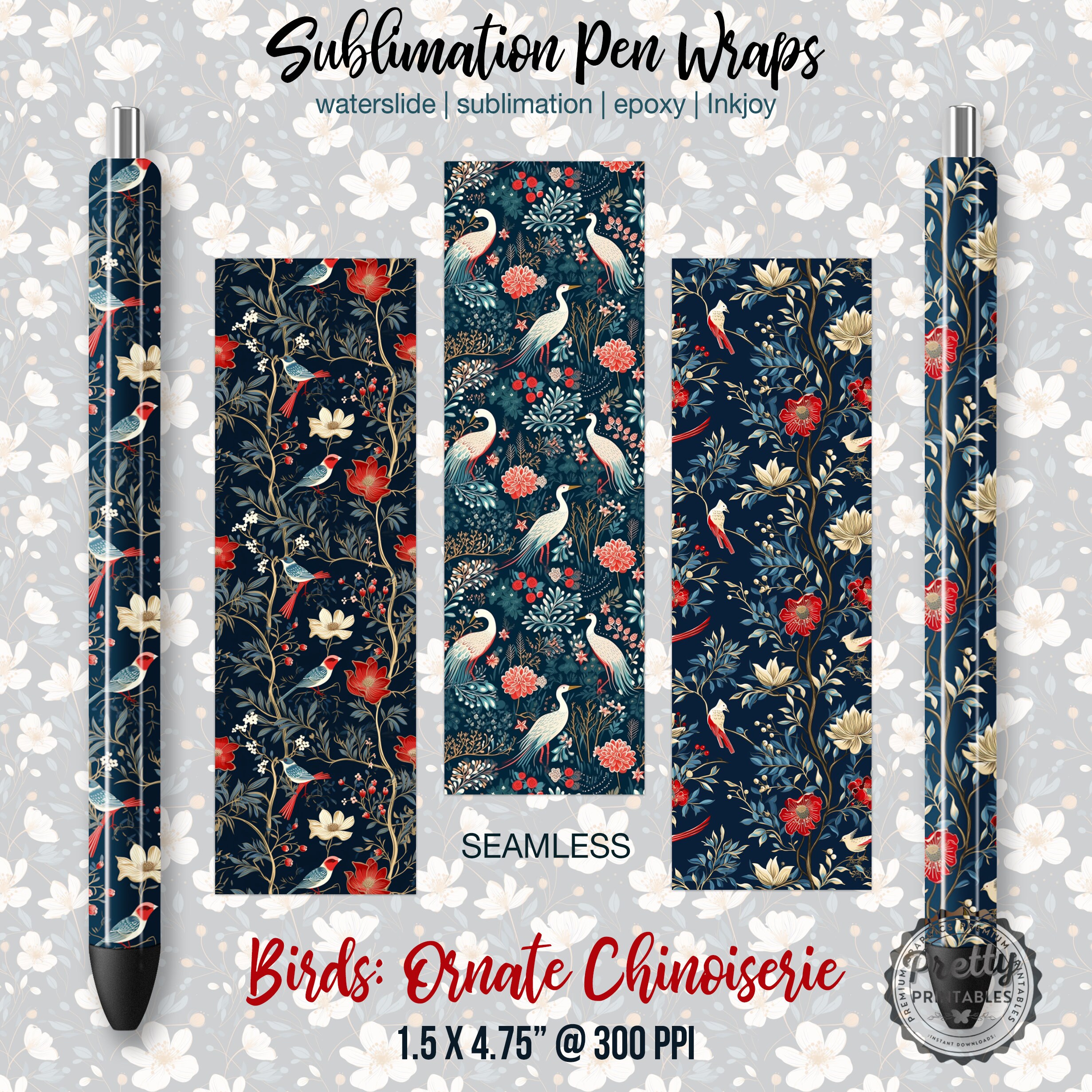 Bird Pen Wraps: Ornate Chinoiserie Pen Wrap Bundle, Floral Pen Wraps ...